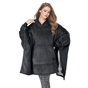 Tirrinia Oversized Hoodie Blanket Batwing Sleeve Sweatshirt Cozy Sherpa Huge Wearable Blankets Gift for Adults Women Teenagers Wife Girlfriend Black