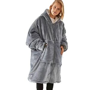 Wearable Blanket Hoodie, Oversized Blanket Sweatshirt for Men Women, Warm Thick Cozy Flannel Blanket with Zipper Large Pockets Grey