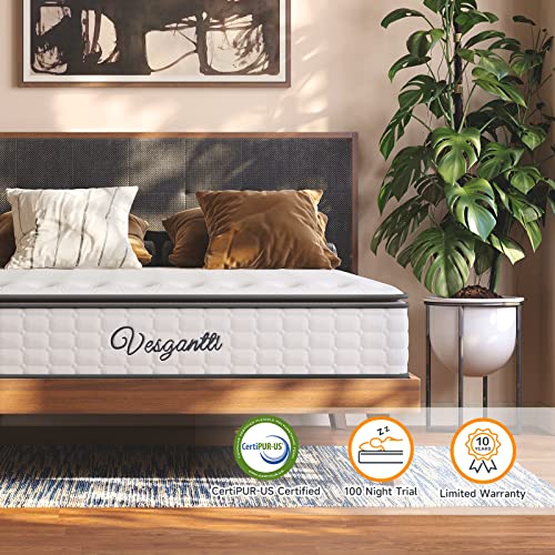 Vesgantti Full Size Mattress, 10 Inch Hybrid Full Mattress in a Box, Pillow Top Double Bed Mattress, Gel Memory Foam and Pocket Coils Innerspring Mattresses, Pressure Relief, Medium Firm Plush Feel