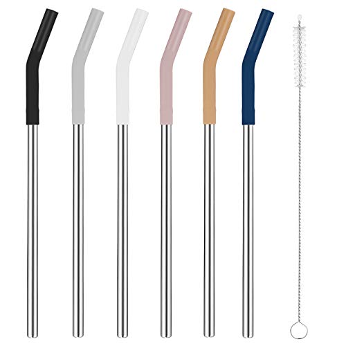 Tronco Set of 6 Stainless Steel Reusable Metal Straws with Silicone Flex Tips Elbows Cover, Metal Drinking Straws for Tronco Tumbler , 6 Steel Straws,6 Silicone Tips,1 Straw Cleaning Brush