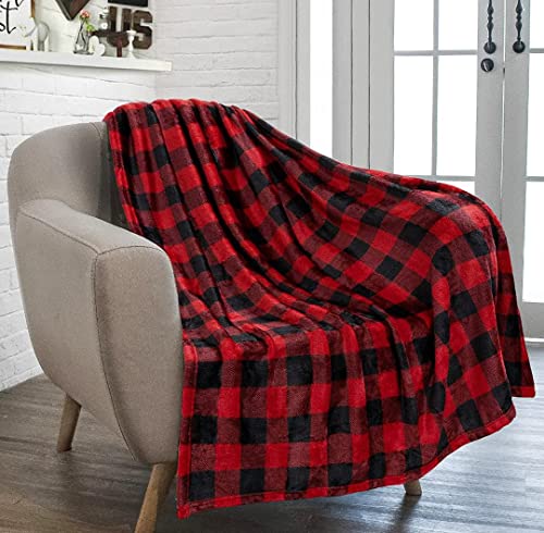 Premium Plaid Sherpa Fleece Throw Blanket | Super Soft, Cozy, Plush, Lightweight Microfiber, Reversible Throw for Couch, Sofa, Bed, All Season (50 X 60 Inches Red)