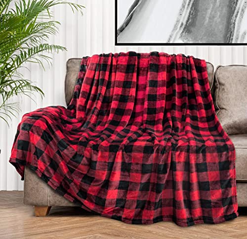 Premium Plaid Sherpa Fleece Throw Blanket | Super Soft, Cozy, Plush, Lightweight Microfiber, Reversible Throw for Couch, Sofa, Bed, All Season (50 X 60 Inches Red)