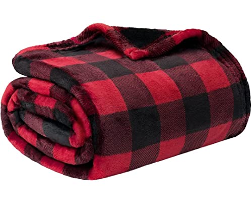 Premium Plaid Sherpa Fleece Throw Blanket | Super Soft, Cozy, Plush, Lightweight Microfiber, Reversible Throw for Couch, Sofa, Bed, All Season (50 X 60 Inches Red)