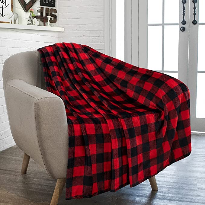 Premium Plaid Sherpa Fleece Throw Blanket | Super Soft, Cozy, Plush, Lightweight Microfiber, Reversible Throw for Couch, Sofa, Bed, All Season (50 X 60 Inches Red)