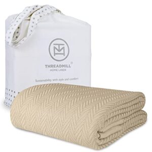 Threadmill Luxury Cotton Blankets for King Size Bed | All-Season Cozy 100% Cotton King Size Blanket | Herringbone Soft & Lightweight Fall Thermal Blanket fits California King Size Bed, 104x92 | Beige