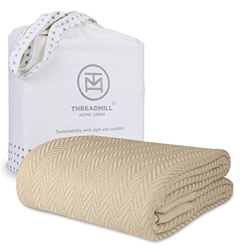 Threadmill Luxury Cotton Blankets for King Size Bed | All-Season Cozy 100% Cotton King Size Blanket | Herringbone Soft & Lightweight Fall Thermal Blanket fits California King Size Bed, 104x92 | Beige