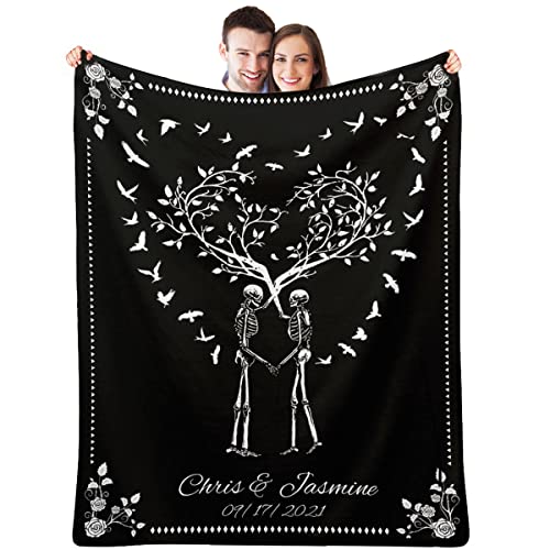 kvtiwee Skull Throw Blanket Custom Name Blanket, Personalized Spooky Skeleton Tree Together Forever Flannel Blanket, Wedding or Anniversary Present, Halloween Goth Wedding Valentines Day Gift 50"x40"