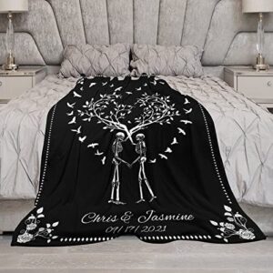 kvtiwee Skull Throw Blanket Custom Name Blanket, Personalized Spooky Skeleton Tree Together Forever Flannel Blanket, Wedding or Anniversary Present, Halloween Goth Wedding Valentines Day Gift 50"x40"