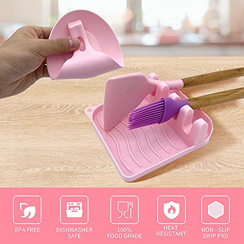 LSVGOE 2 Pack Multiple Utensil Spoon Rest with Drip Pad Non-Slip Heat Resistant Kitchen and Grill Spoon Holder for Spatula, Ladle, Tongs, Kitchen Gadgets, and Cooking Accessories (Cute Pink)