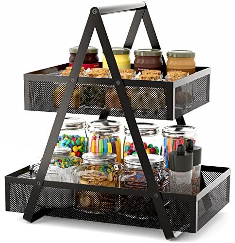 EKNITEY Tiered Snack Organizer Countertop - Metal Kitchen Counter Organizer Small Coffee Station Organize for Home, Picnic, Office (Black)