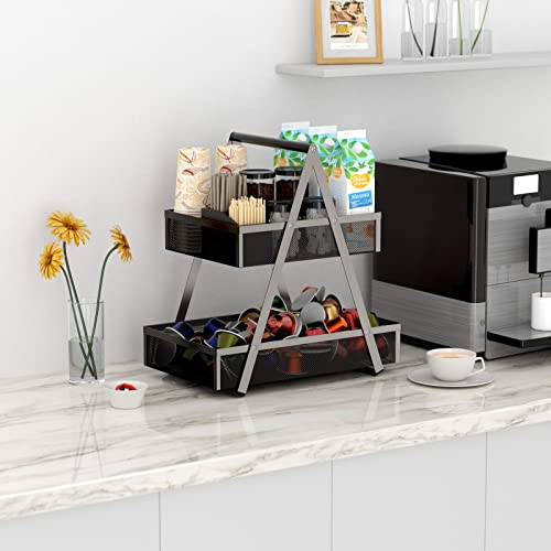 EKNITEY Tiered Snack Organizer Countertop - Metal Kitchen Counter Organizer Small Coffee Station Organize for Home, Picnic, Office (Black)