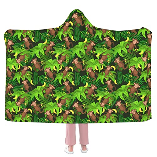 Monkeys and Bananas Hooded Blanket Fleece Throw Blanket Wrap Soft Warm Oversized Wearable Blanket for Women & Men