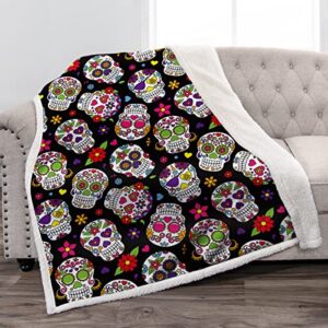 jekeno sugar skull gifts for women - colorful flower skull sherpa blanket gift for men adult skull lovers halloween birthday christmas, cozy soft throw decor bedroom living room sofa bed couch 50"x60"