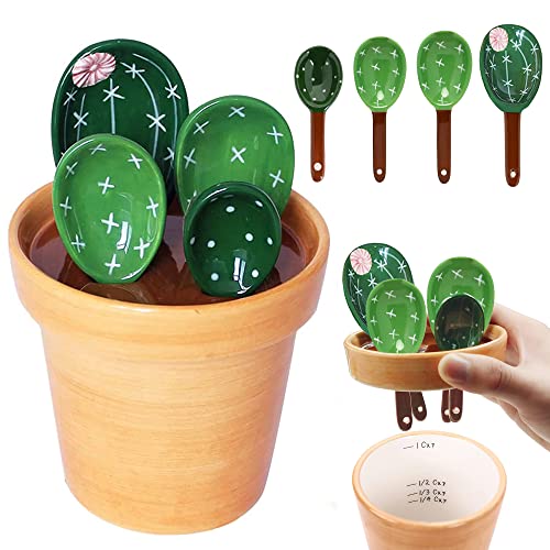 5 Pieces Measuring Spoons Set/Ceramics Spoons and Measuring Base Cup/for Dry and Liquid Ingredient, Cute Cactus Shape (Solid color base)