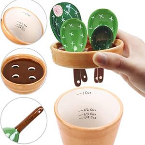 5 Pieces Measuring Spoons Set/Ceramics Spoons and Measuring Base Cup/for Dry and Liquid Ingredient, Cute Cactus Shape (Solid color base)