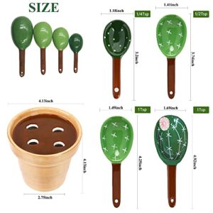 5 Pieces Measuring Spoons Set/Ceramics Spoons and Measuring Base Cup/for Dry and Liquid Ingredient, Cute Cactus Shape (Solid color base)