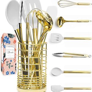 White Silicone and Gold Cooking Utensils Set with Holder- 7 PC Gold Kitchen Utensils Set Includes Gold Whisk, Gold Spatula, White Kitchen Utensils and Gold Utensil Holder- Gold Kitchen Accessories