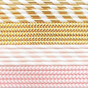 Biodegradable Paper Straws, 100 Pink Straws/Gold Straws for Party Supplies, Birthday, Wedding, Bridal/Baby Shower Decorations and Holiday Celebrations