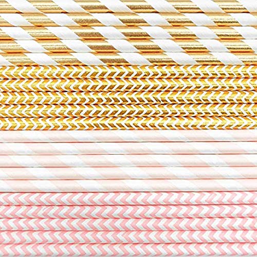 Biodegradable Paper Straws, 100 Pink Straws/Gold Straws for Party Supplies, Birthday, Wedding, Bridal/Baby Shower Decorations and Holiday Celebrations