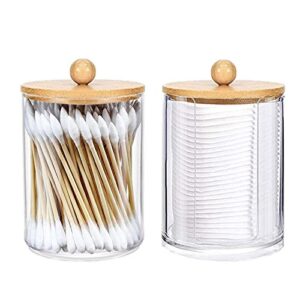 2 Pack Qtip Holder Dispenser with Bamboo Lids, Acrylic Round Clear Container for Makeup Remover Makeup Cotton Storage, Organizers and Storage for Bedroom Bathroom Decor