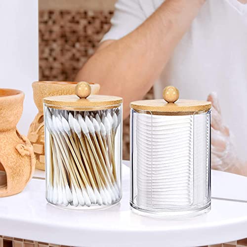 2 Pack Qtip Holder Dispenser with Bamboo Lids, Acrylic Round Clear Container for Makeup Remover Makeup Cotton Storage, Organizers and Storage for Bedroom Bathroom Decor