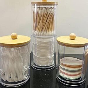 2 Pack Qtip Holder Dispenser with Bamboo Lids, Acrylic Round Clear Container for Makeup Remover Makeup Cotton Storage, Organizers and Storage for Bedroom Bathroom Decor