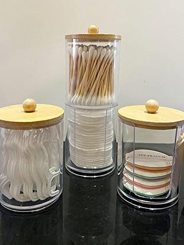 2 Pack Qtip Holder Dispenser with Bamboo Lids, Acrylic Round Clear Container for Makeup Remover Makeup Cotton Storage, Organizers and Storage for Bedroom Bathroom Decor