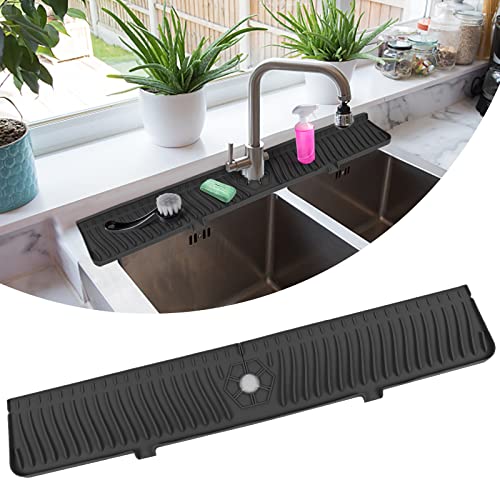 Kitchen Sink Splash Guard, 30"x 5.2" Sink Splash Guard Mat, Longer Silicone Faucet Handle Drip Catcher Tray for Kitchen, Bathroom, Farmhouse (Black)