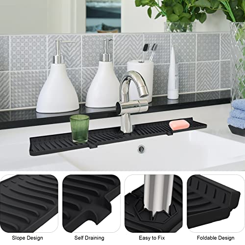 Kitchen Sink Splash Guard, 30"x 5.2" Sink Splash Guard Mat, Longer Silicone Faucet Handle Drip Catcher Tray for Kitchen, Bathroom, Farmhouse (Black)