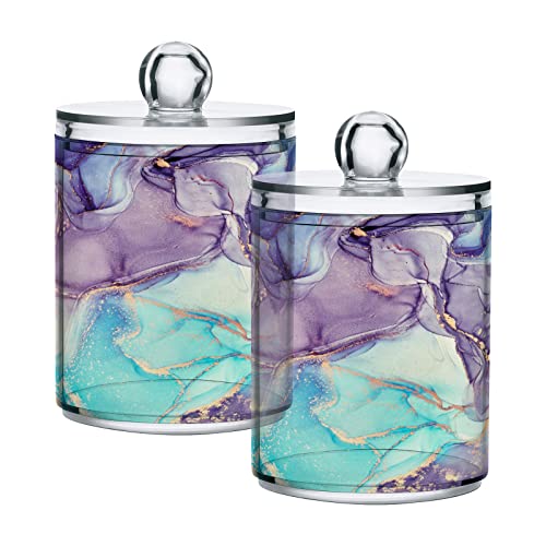 Kigai Blue Purple Marble Texture Qtip Holder Dispenser with Lids 2PCS -Bathroom Storage Organizer Set, Clear Apothecary Jars Food Storage Containers, for Tea, Coffee, Cotton Ball, Floss