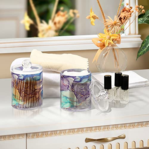 Kigai Blue Purple Marble Texture Qtip Holder Dispenser with Lids 2PCS -Bathroom Storage Organizer Set, Clear Apothecary Jars Food Storage Containers, for Tea, Coffee, Cotton Ball, Floss