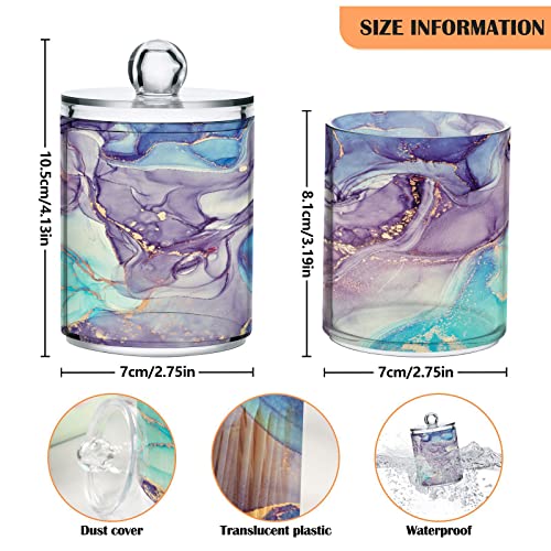 Kigai Blue Purple Marble Texture Qtip Holder Dispenser with Lids 2PCS -Bathroom Storage Organizer Set, Clear Apothecary Jars Food Storage Containers, for Tea, Coffee, Cotton Ball, Floss