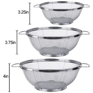 3 Pack 18/8 Stainless Steel Colander Sieves(5-Quart, 4-Quart and 3-Quart), Mesh Strainer Net Baskets with Handles & Resting Base for Strain, Drain, Rinse or Steam