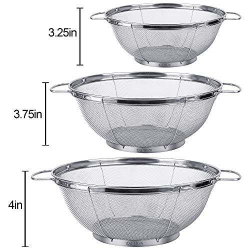 3 Pack 18/8 Stainless Steel Colander Sieves(5-Quart, 4-Quart and 3-Quart), Mesh Strainer Net Baskets with Handles & Resting Base for Strain, Drain, Rinse or Steam