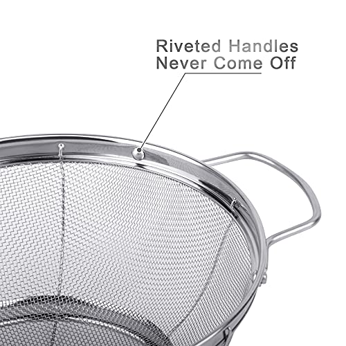 3 Pack 18/8 Stainless Steel Colander Sieves(5-Quart, 4-Quart and 3-Quart), Mesh Strainer Net Baskets with Handles & Resting Base for Strain, Drain, Rinse or Steam