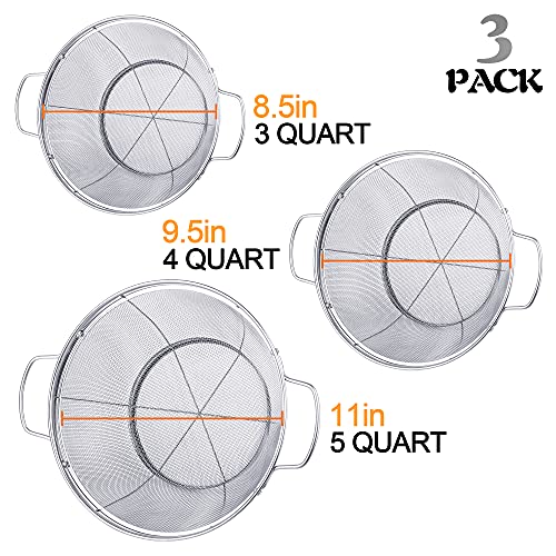 3 Pack 18/8 Stainless Steel Colander Sieves(5-Quart, 4-Quart and 3-Quart), Mesh Strainer Net Baskets with Handles & Resting Base for Strain, Drain, Rinse or Steam