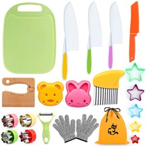 zijund 22pcs wooden kids kitchen knife, crocodile kids knife set with gloves cutting board fruit vegetable crinkle cutters serrated edges plastic toddler knifes for real cooking kid safe knives