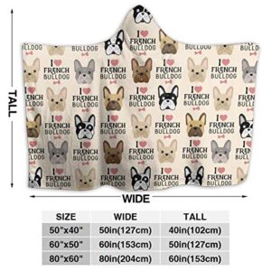 I Love French Bulldog Hoodie Blanket Wearable Throw Blankets for Couch Blanket Hooded for Baby Kids Men Women