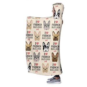 I Love French Bulldog Hoodie Blanket Wearable Throw Blankets for Couch Blanket Hooded for Baby Kids Men Women