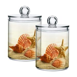 yyzzh seashell starfish on beach sand tropical summer 2 pack qtip holder dispenser for cotton swab ball round pads floss 10 oz apothecary jar set for bathroom canister storage makeup organizer