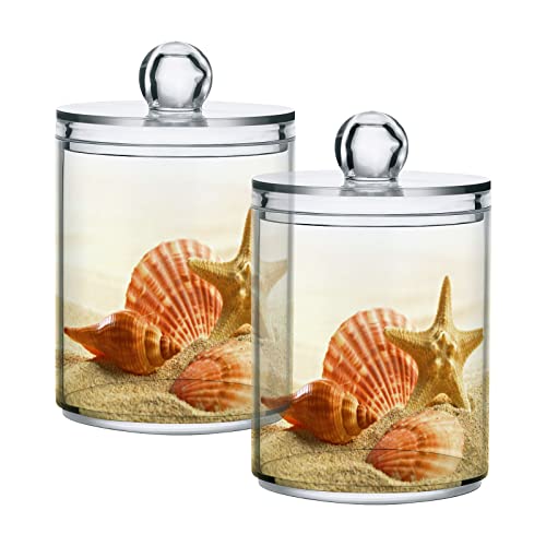 YYZZH Seashell Starfish On Beach Sand Tropical Summer 2 Pack Qtip Holder Dispenser for Cotton Swab Ball Round Pads Floss 10 Oz Apothecary Jar Set for Bathroom Canister Storage Makeup Organizer