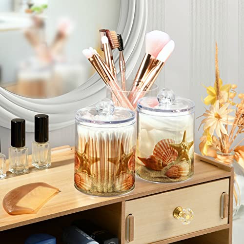 YYZZH Seashell Starfish On Beach Sand Tropical Summer 2 Pack Qtip Holder Dispenser for Cotton Swab Ball Round Pads Floss 10 Oz Apothecary Jar Set for Bathroom Canister Storage Makeup Organizer