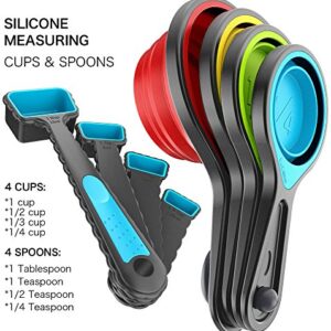 Kaptron Tools Spoons and Collapsible Measuring Cups Set 8 Pieces, Multiple Sizes, Multicolor