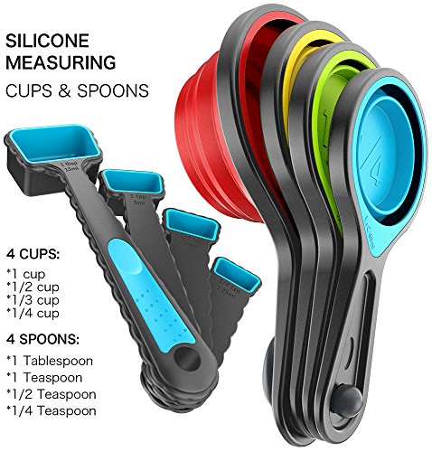 Kaptron Tools Spoons and Collapsible Measuring Cups Set 8 Pieces, Multiple Sizes, Multicolor