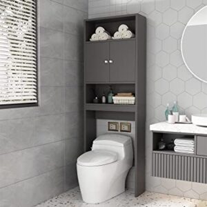 Over The Toilet Storage, 3 Tier Over Toilet Bathroom Organizer with 2 Open Shelves and 1 Cabinet, Above Toilet Storage Cabinet with 2 Doors, Bathroom Space Saver for Restroom (Gray, 24.8"x7.8"x76.8")