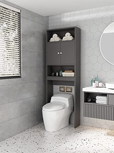 Over The Toilet Storage, 3 Tier Over Toilet Bathroom Organizer with 2 Open Shelves and 1 Cabinet, Above Toilet Storage Cabinet with 2 Doors, Bathroom Space Saver for Restroom (Gray, 24.8"x7.8"x76.8")