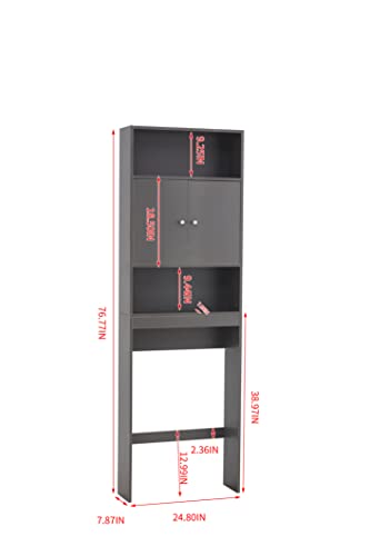 Over The Toilet Storage, 3 Tier Over Toilet Bathroom Organizer with 2 Open Shelves and 1 Cabinet, Above Toilet Storage Cabinet with 2 Doors, Bathroom Space Saver for Restroom (Gray, 24.8"x7.8"x76.8")