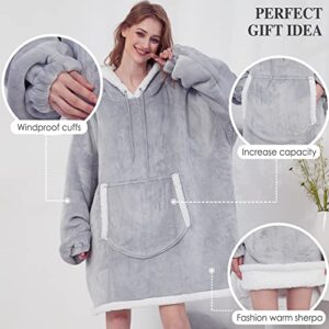 Viviland Hoodie Sherpa Blanket Sweatshirt Soft Warm Plus Large Front Pocket Tv Blankets for Adult, Grey