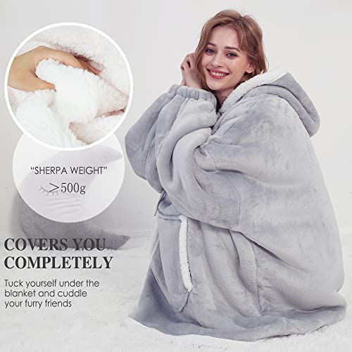 Viviland Hoodie Sherpa Blanket Sweatshirt Soft Warm Plus Large Front Pocket Tv Blankets for Adult, Grey