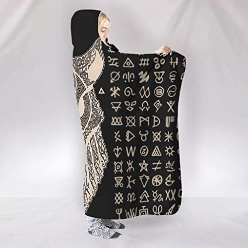 Festhad Norse Viking Fenrir Wolf Valknut Dragon Knot Totem Print Hooded Blankets Cozy Cuddly Warm Winter Fleece Hood Poncho Cloak Cape for Women Men Child Snuggling Sofa Bedding White 60x80 inch